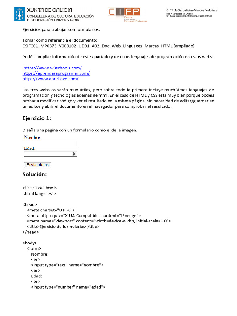 Ejercicios Prácticos de Formularios HTML | PDF | Página web | HTML