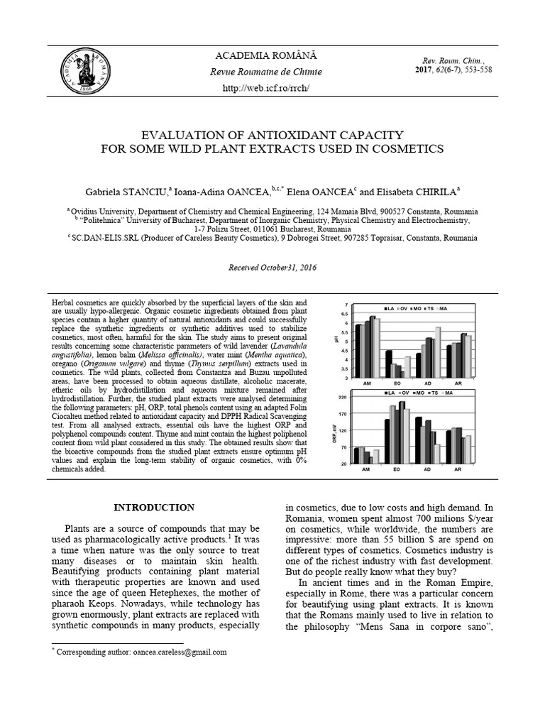 Evaluation of Antioxidant Capacity For Some Wild Plant Extracts Used in Cosmetics | PDF