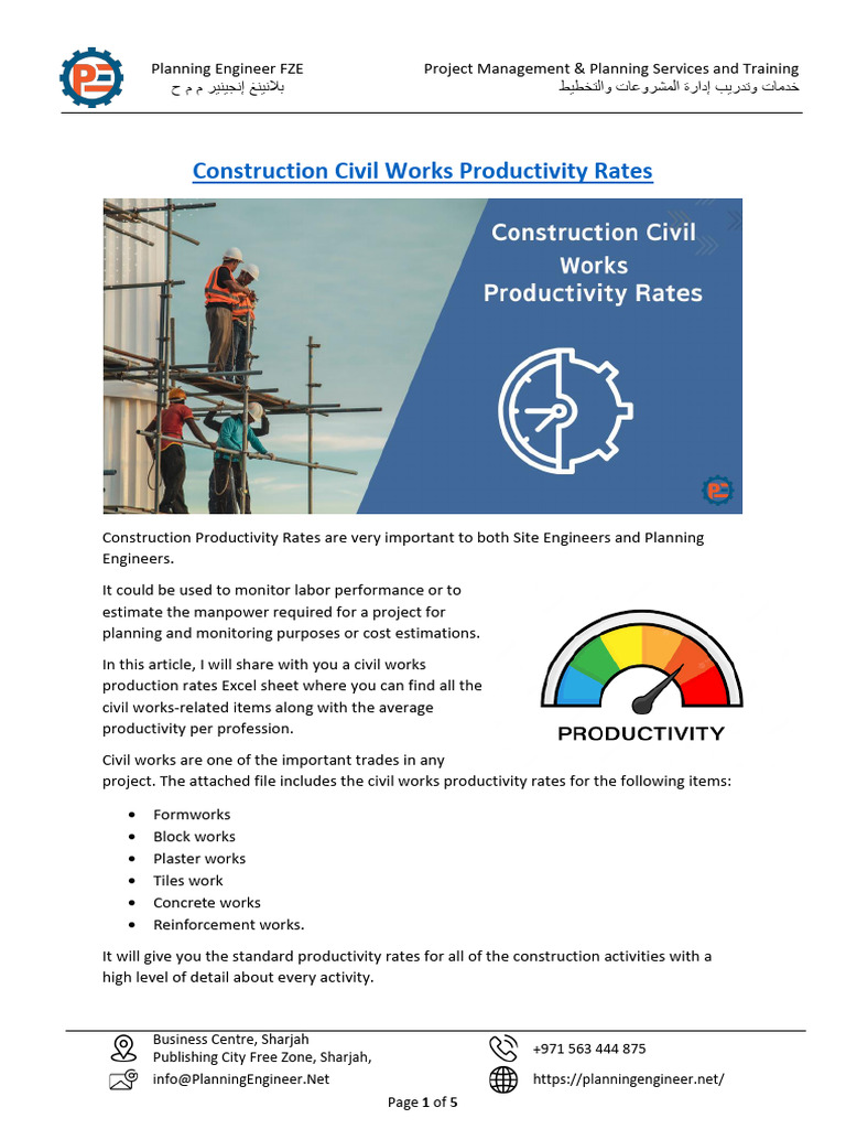 Construction Civil Works Productivity Rates | PDF