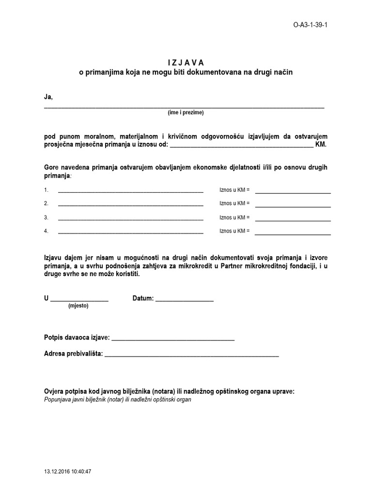 O-A3-1-39-1 Izjava o Primanjima | PDF