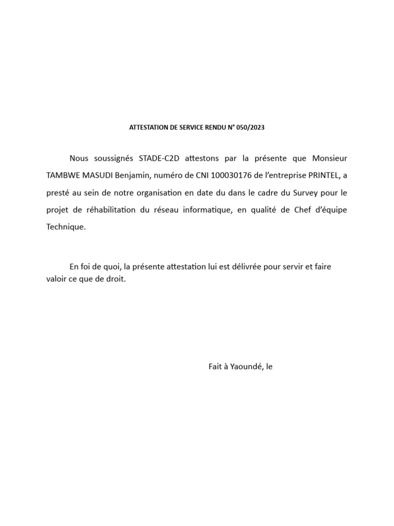Attestation de Service Rendu | PDF