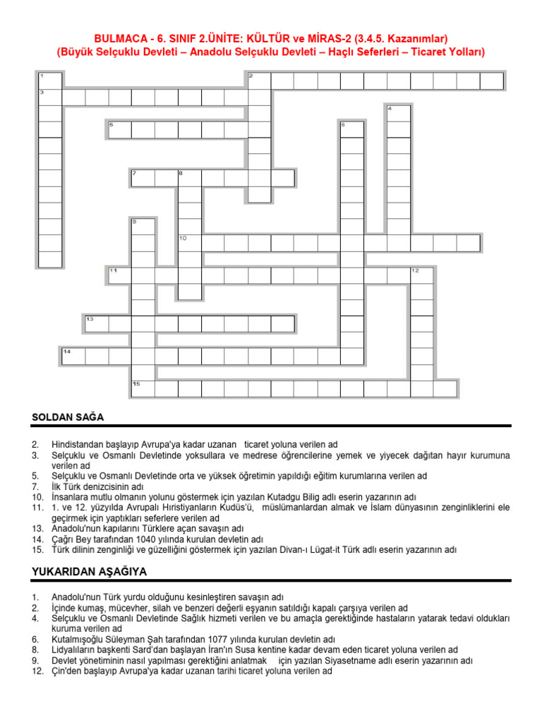 6.sinif 2.unite Kultur Ve Miras 2 Bulmaca | PDF