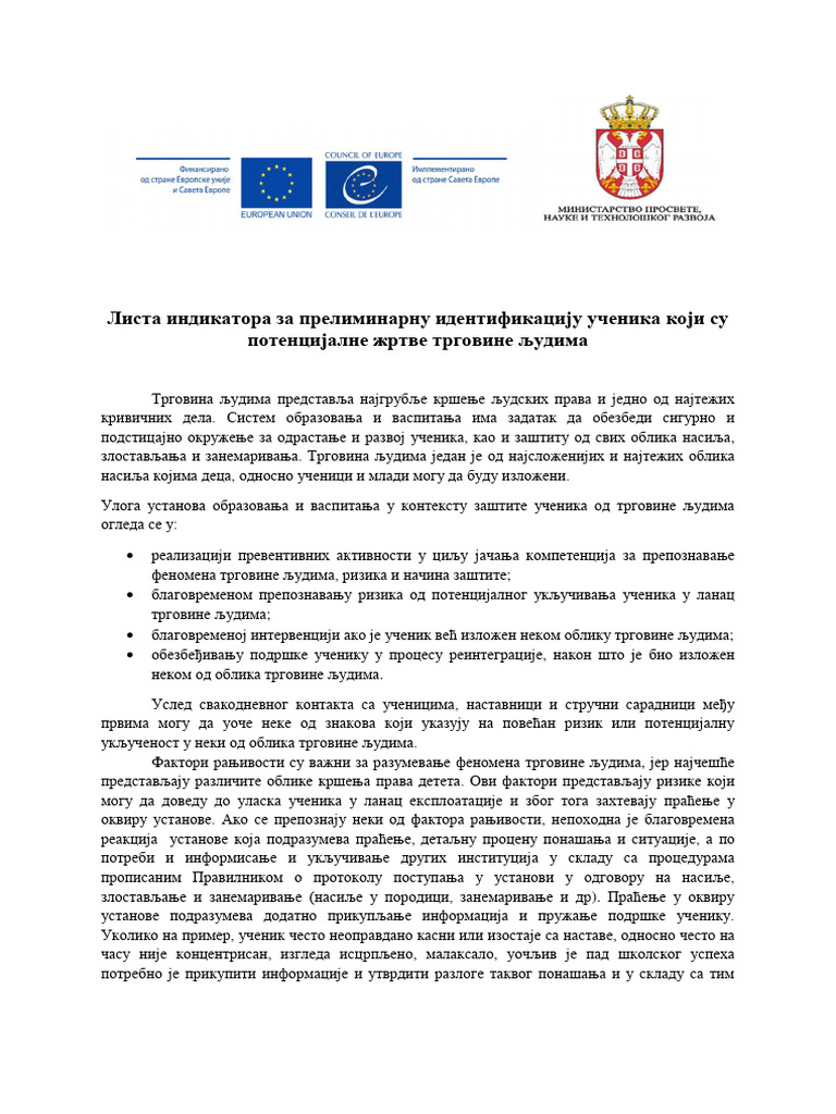 Finalna Verzija Liste Indikatora Za Preliminarnu Identifikaciju Trgovine Ljudima Jun 2022 | PDF