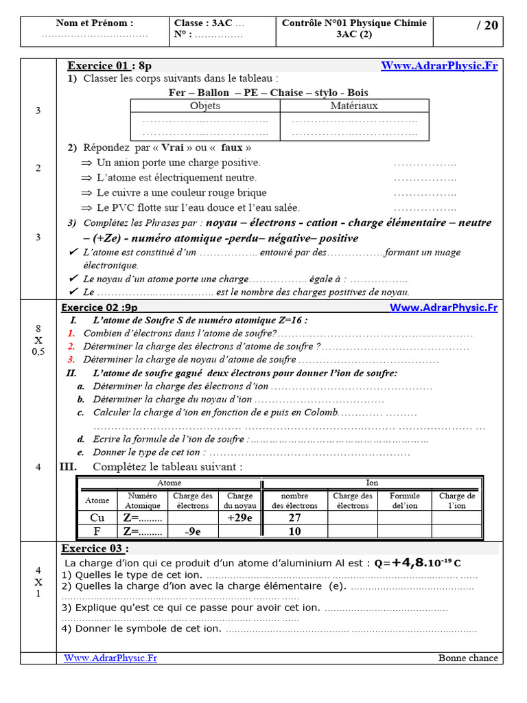 Contrôle Physique Chimie 3AC | PDF | Méthodes et références ...