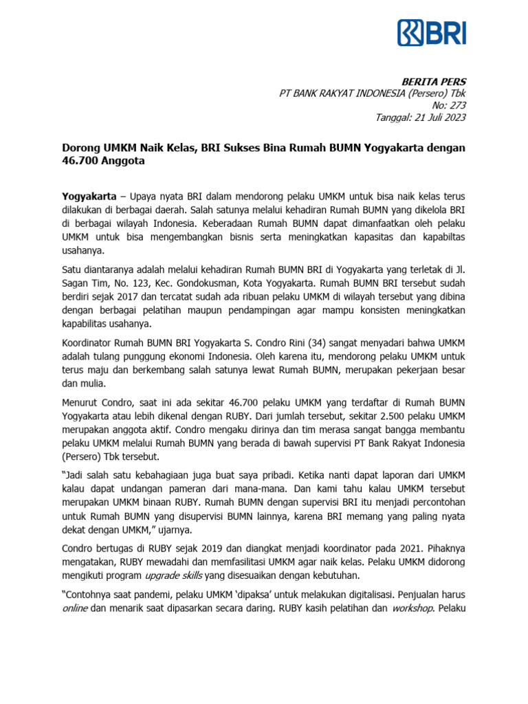Dorong UMKM Naik Kelas, BRI Sukses Bina Rumah BUMN Yogyakarta Dengan 46.700 Anggota v3 | PDF