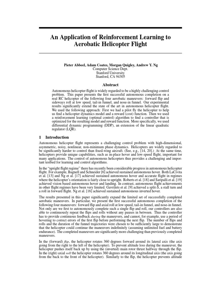 An Application of Reinforcement Learning To Aerobatic Helicopter Flight ...