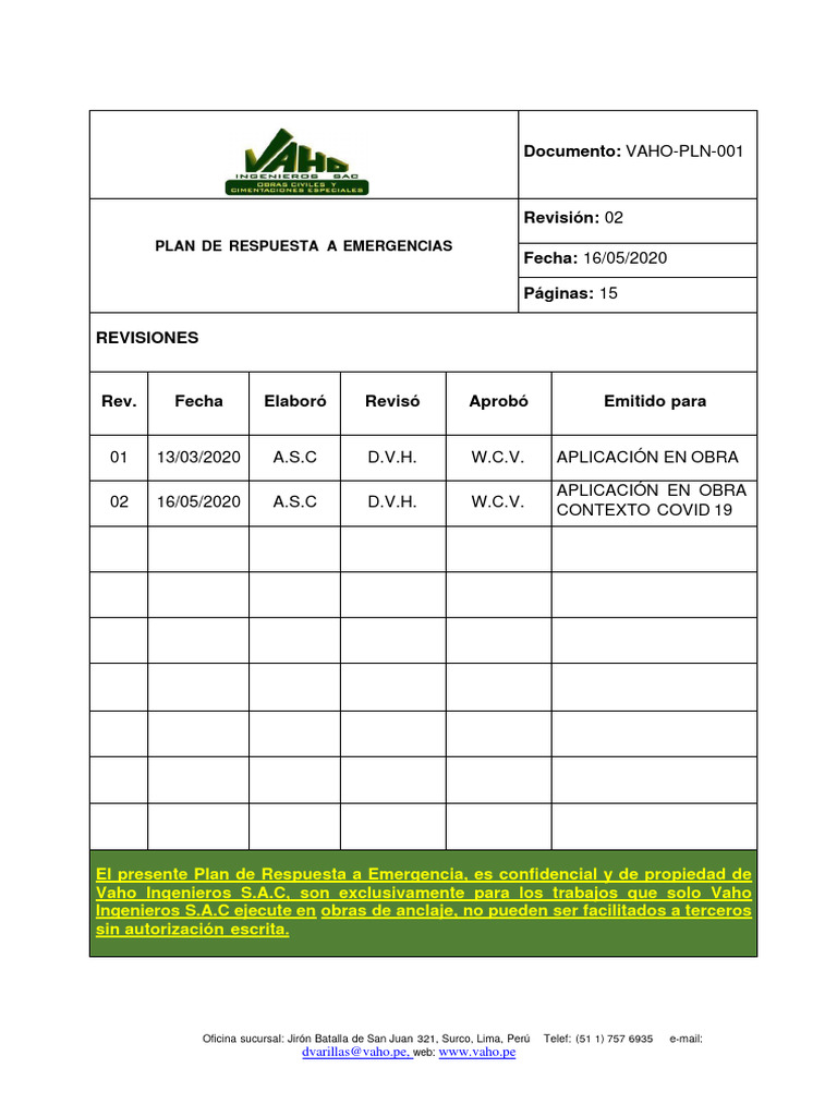 6 VAHO-PLN-001 Plan de Respuesta A Emergencias Rev. 02 | PDF
