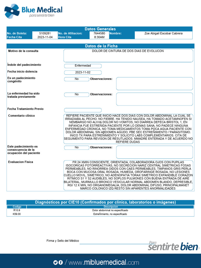 Ficha Medica Zoe | PDF
