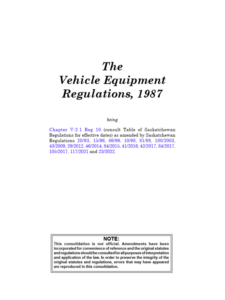 Saskatchewan Vehicle Equipment Regulations | PDF