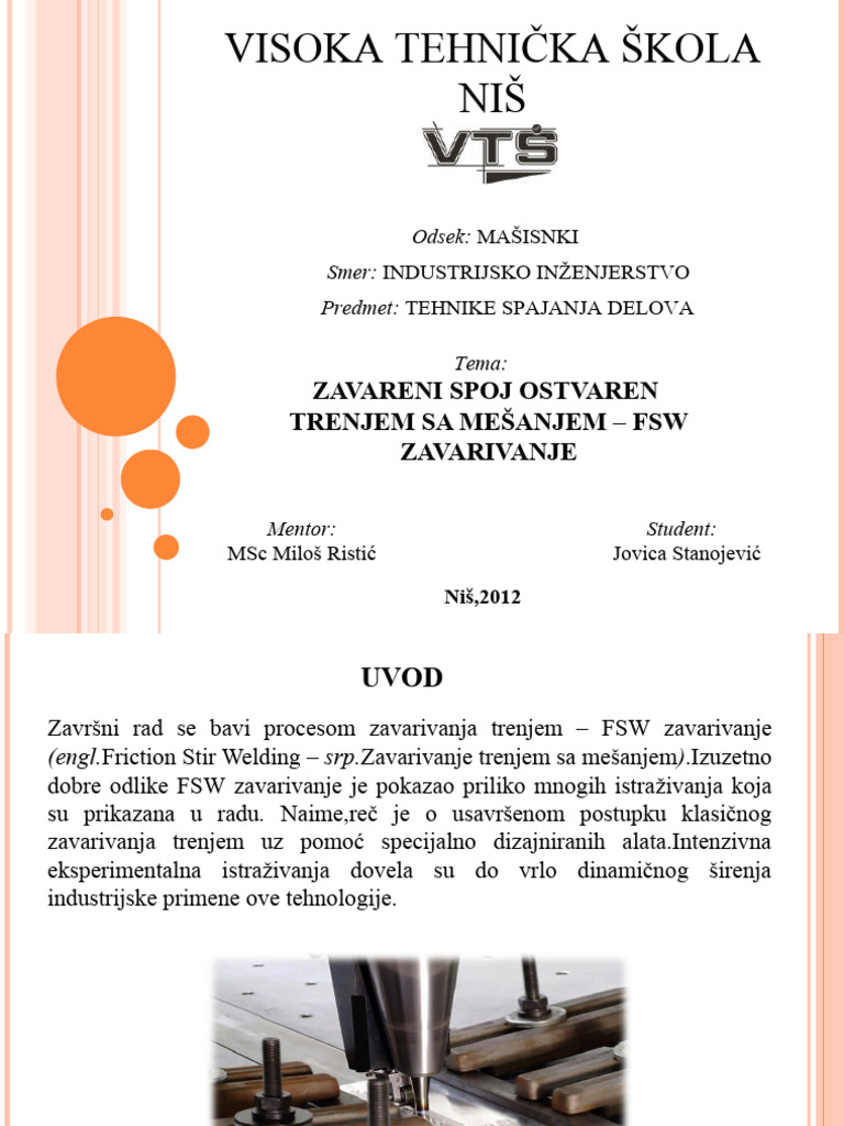 Zavaren Spoj Ostvaren Trenjem Sa Mešanjem - FSW Zavarivanje | PDF