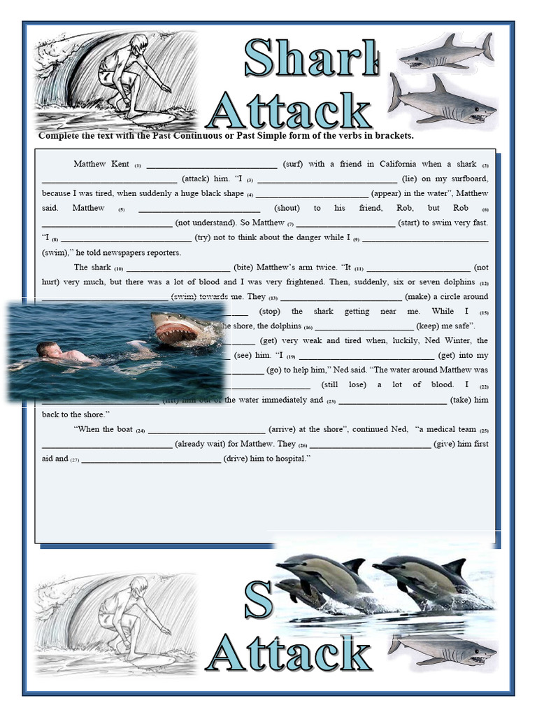 Practice Shark Attack Past Simple Past Continuous With Answers | PDF