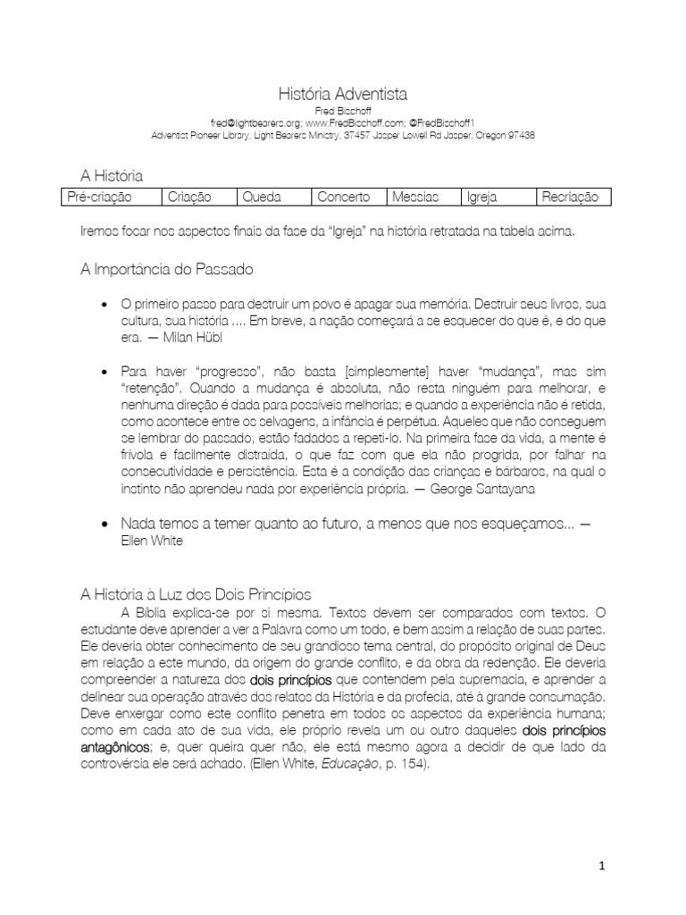 História Adventista Fred Bischoff | PDF | Igreja Adventista do Sétimo ...