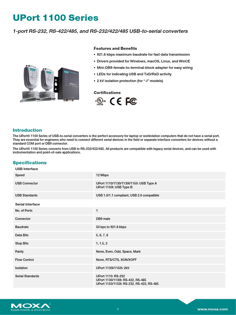 Moxa Uport 1100 Series Datasheet v1.0 | PDF | Physical Layer Protocols | Electrical Engineering