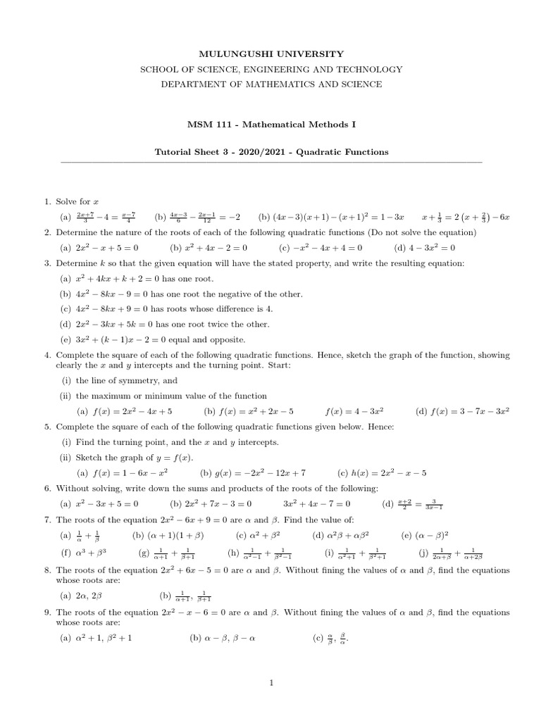 Quadratic Functions Tutorial | PDF | Quadratic Equation | Mathematical Concepts