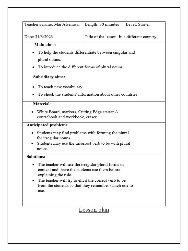 Mai's Great Lesson Plan | PDF | Grammatical Number | Plural Mai's Great Lesson Plan | PDF | Grammatical Number | Plural