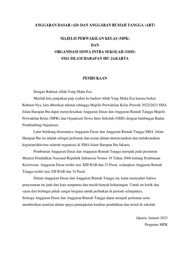 Anggaran Dasar Dan Anggaran Rumah Tangga Osis-Mpk | PDF