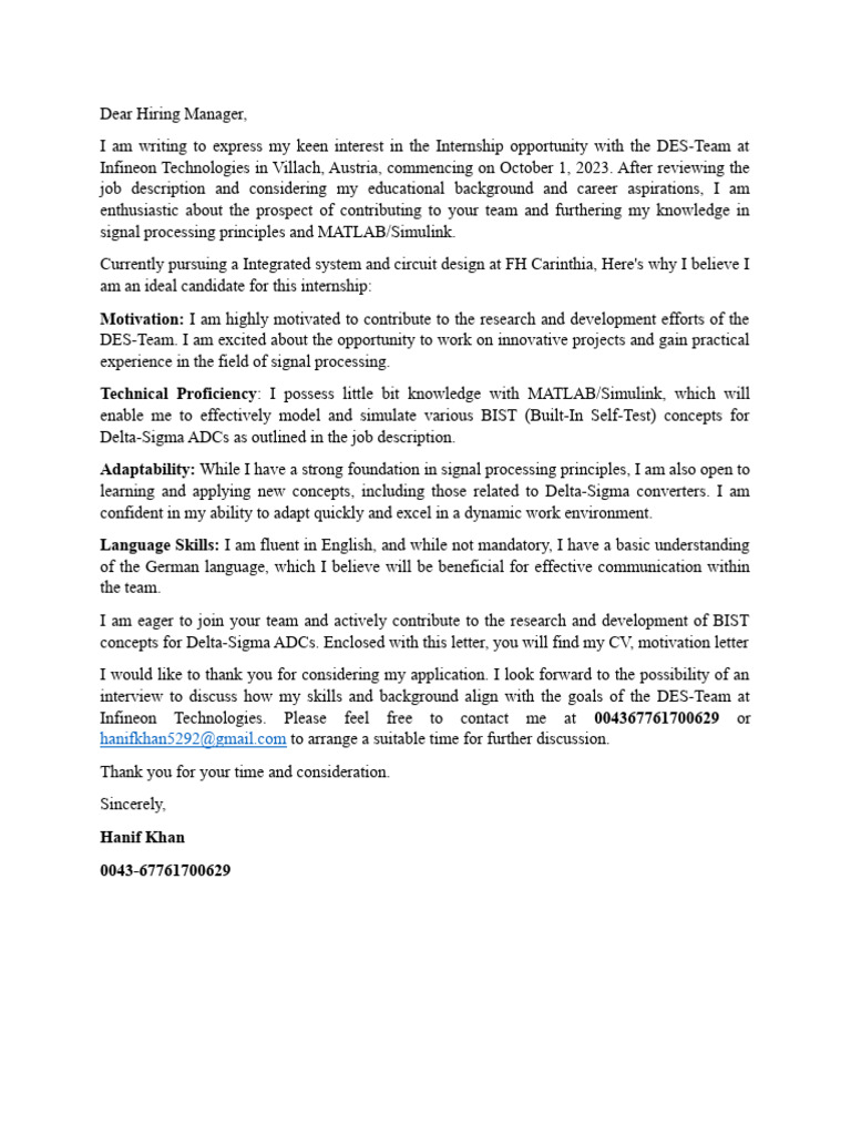 Motivation Letter For Infineon | PDF | Career & Growth