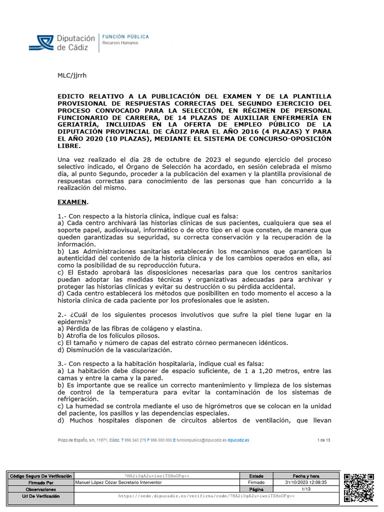 Examen y Plantilla Provisional de Respuestas Correctas Del 2 Ejercicio | PDF | Historial médico ...