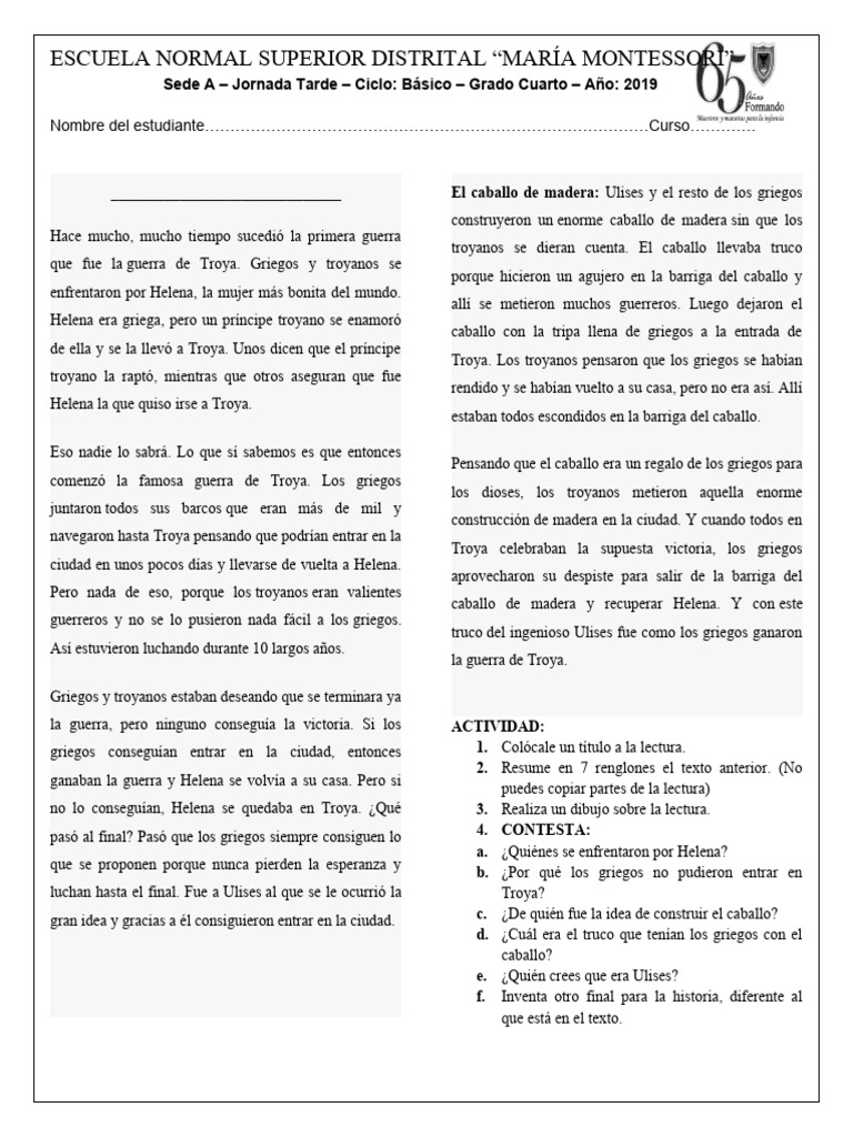 GUERRA DE TROYA COMPRENSION LECTORA | PDF | Helena de Troya | guerra ...