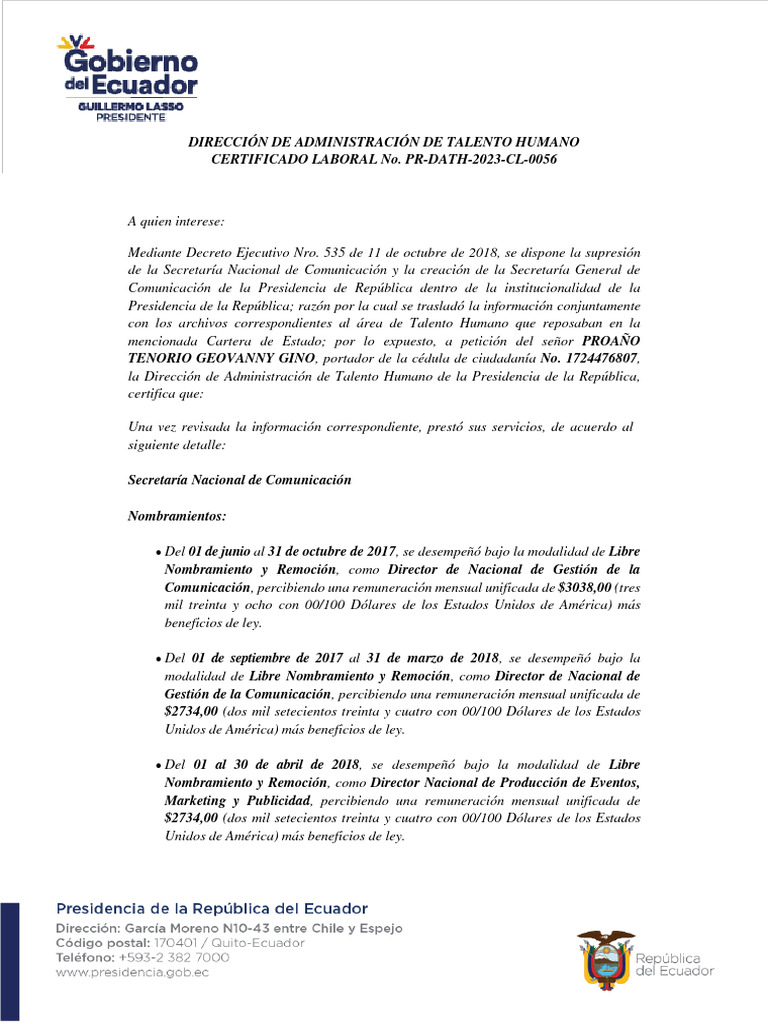 CERTIFICADO LABORAL PROAÑO TENORIO GEOVANNY GINO - Firma-Signed | PDF ...