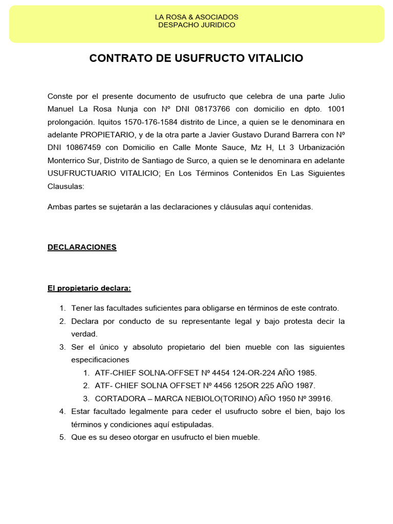 Contrato de Usufructo Vitalicio | PDF | Propiedad | Derecho civil ...