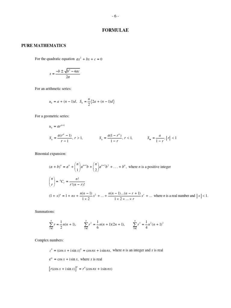 CXC CAPE Pure Mathematics Formulas Sheet | PDF | Mathematical Analysis | Mathematical Concepts