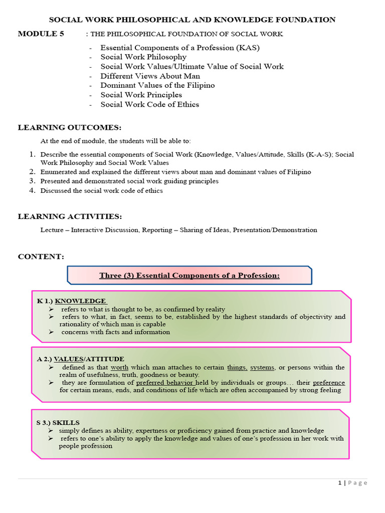 SOCIAL WORK PHILOSOPHICAL AND KNOWLEDGE FOUNDATION Module 5 | PDF ...