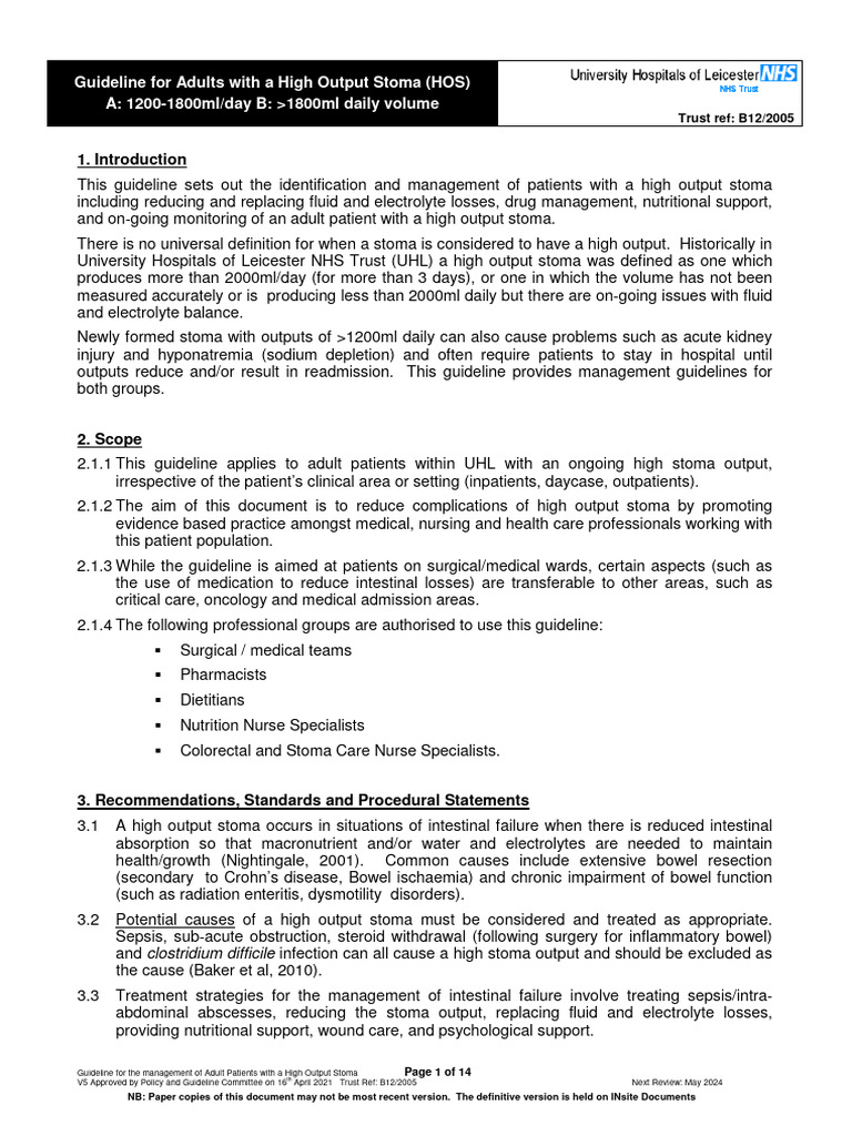 High Output Stoma UHL Nutrition and Dietetics Guideline | PDF ...