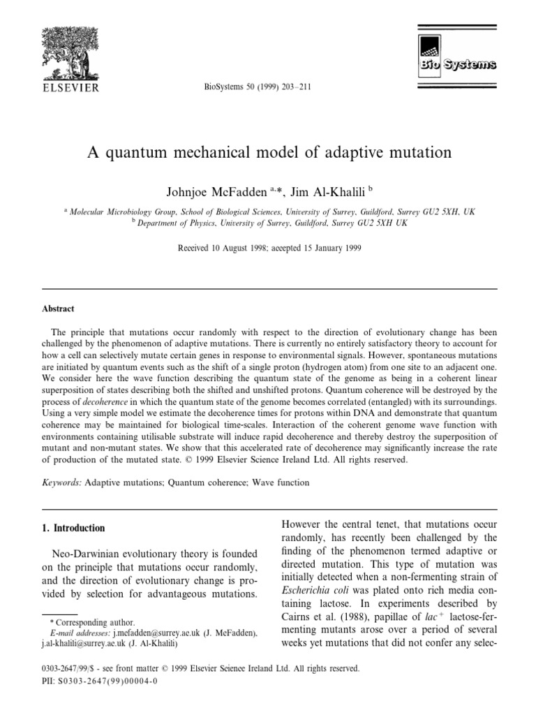A Quantum Mechanical Model of Adaptive Mutation. | PDF | Quantum Mechanics | Mutation