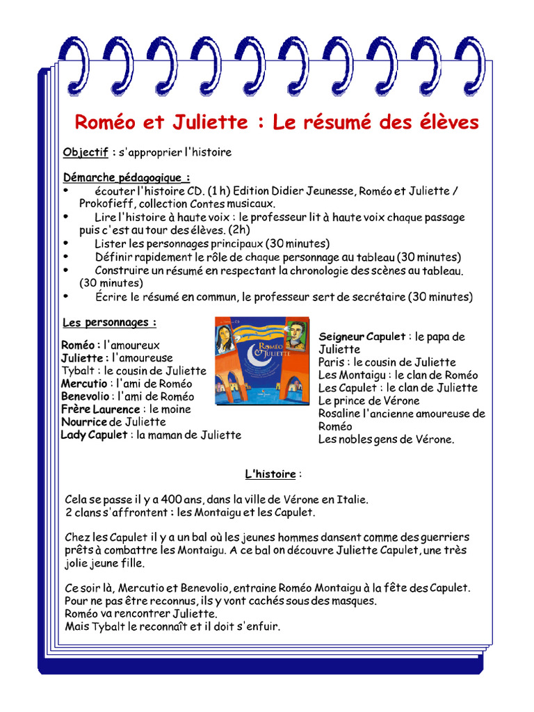 Romeo Et Juliette Resume Eleves | PDF