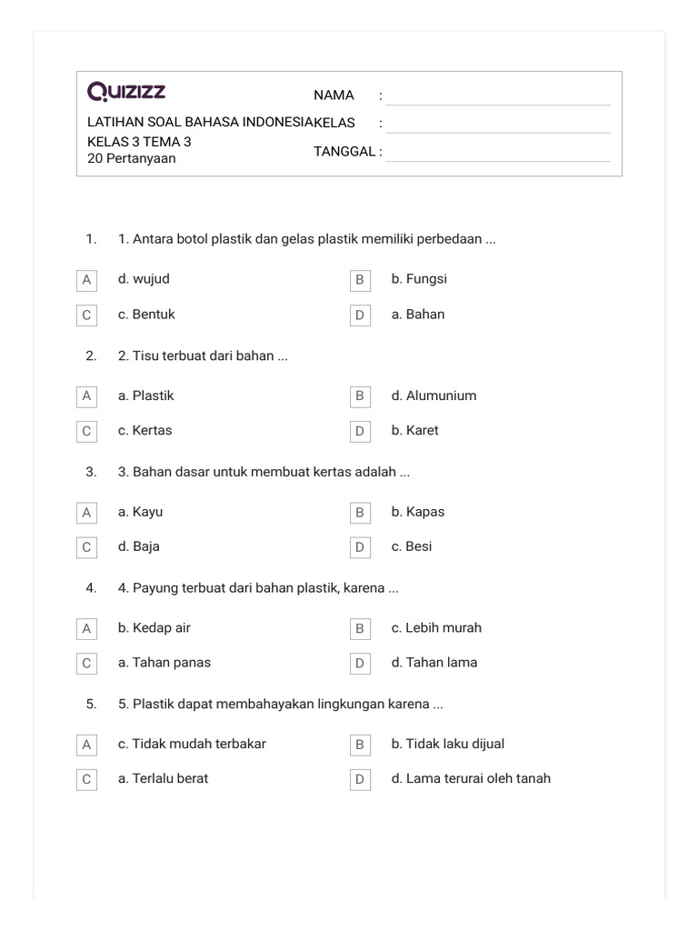 Latihan Soal Bahasa Indonesia Kelas 3 Tema 3 | PDF