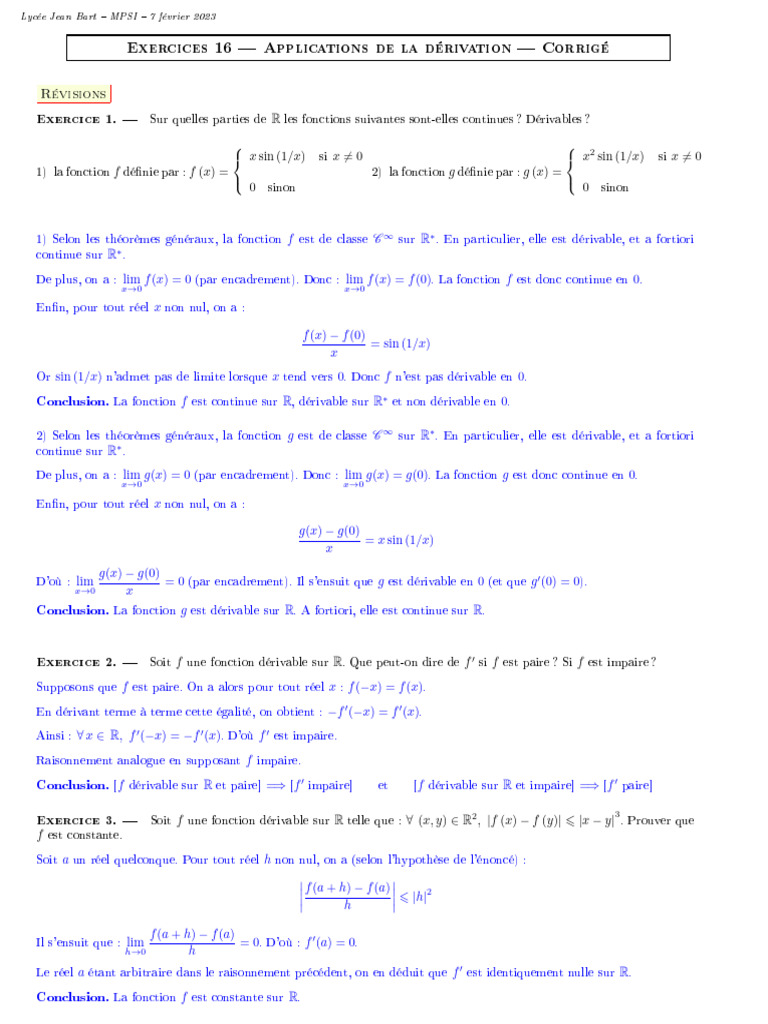 Corr Exos 16 Applications de La Derivation | PDF