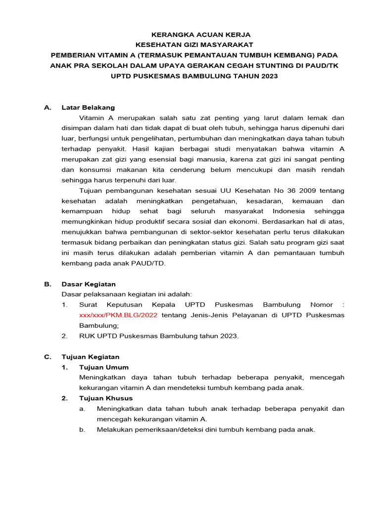 Kak Pemberian Vitamin A Pada Anak Pra Sekolah Di Paud TK Tahun 2023 | PDF | Kesehatan Holistik