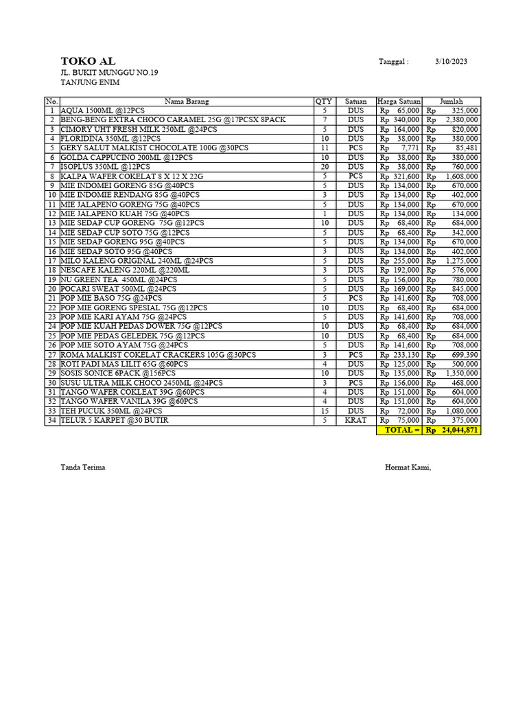 Nota Pembelian Ppa Mart (1) Oktober | PDF
