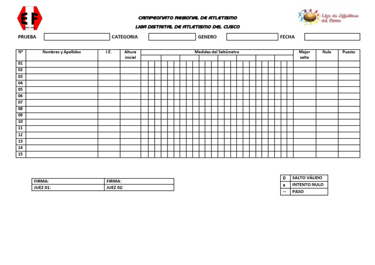 Planilla de Salto Alto para Atletismo | PDF
