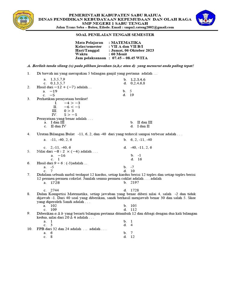 Soal Matematika Kelas 7a 7B | PDF