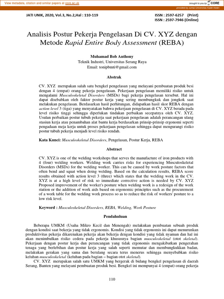 Postur Kerja Di CV Xyz Metode Rapid Entire Body Assessment | PDF