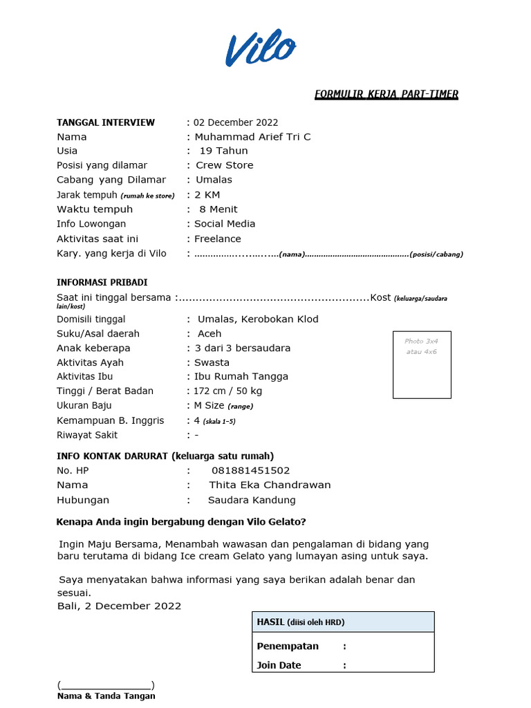 Formulir Kerja Part-Timer (Vilo Gelato) Done | PDF