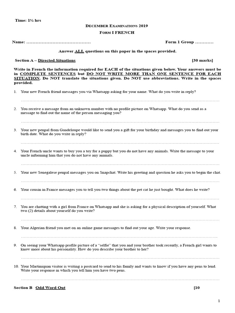 Form 1 Term One French December 2019 | PDF Form 1 Term One French December 2019 | PDF