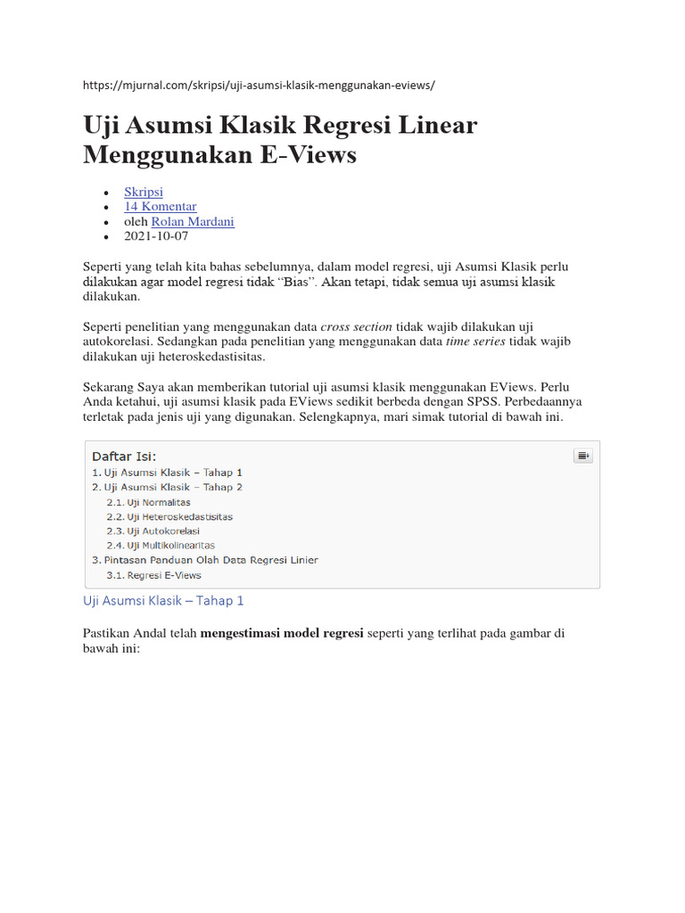 Tutorial Uji Asumsi Klasik EViews | PDF | Komputer