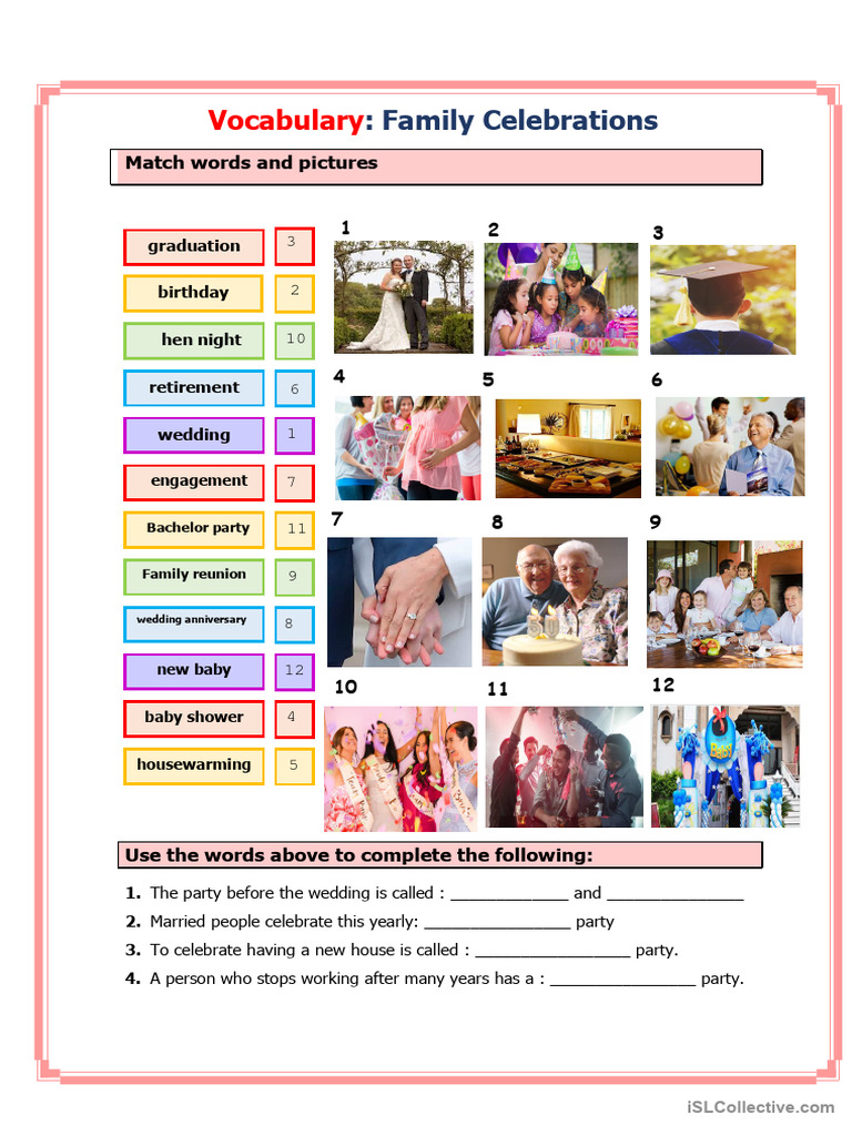 Family Celebrations Vocabulary Worksheet | PDF | Language Arts ...