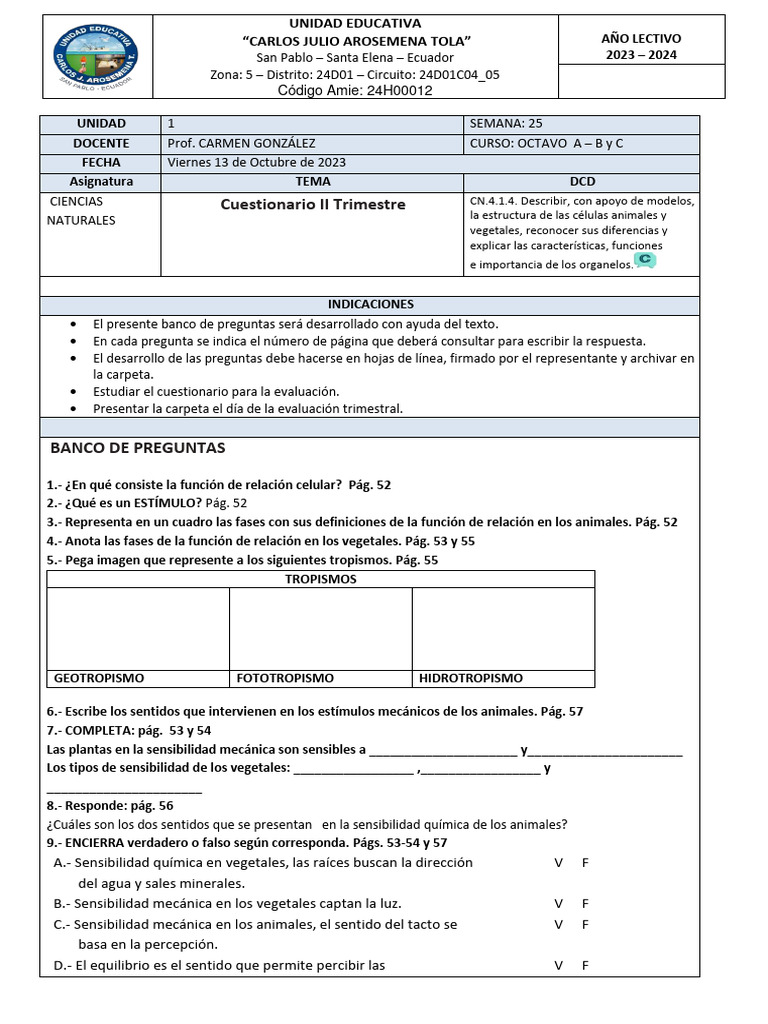 Cuestionario Ciencias Naturales 8vo Grado | PDF | Ciencia y matemáticas