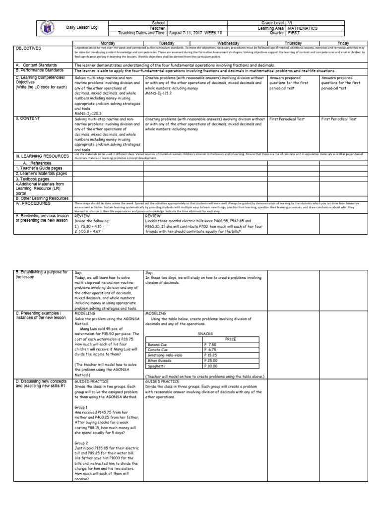 DLL Math-6 Q1 W10 | Download Free PDF | Learning | Curriculum DLL Math-6 Q1 W10 | Download Free PDF | Learning | Curriculum