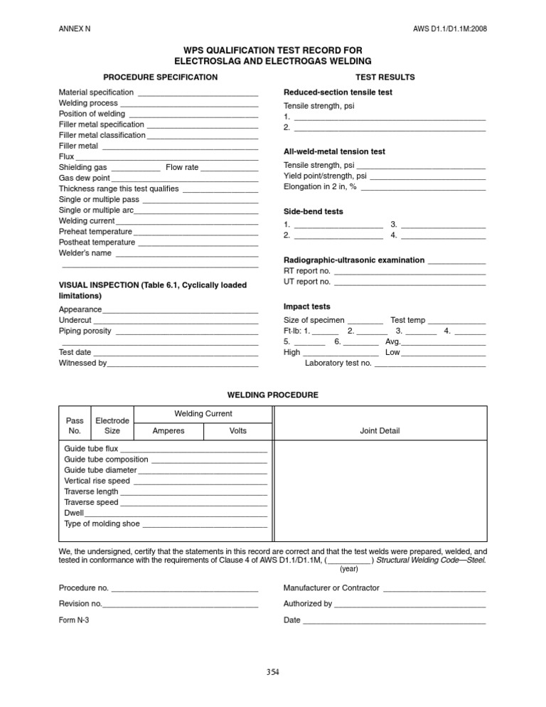 AWS N-3 WPS Qualification Test Record For ESW and EGW Form | PDF
