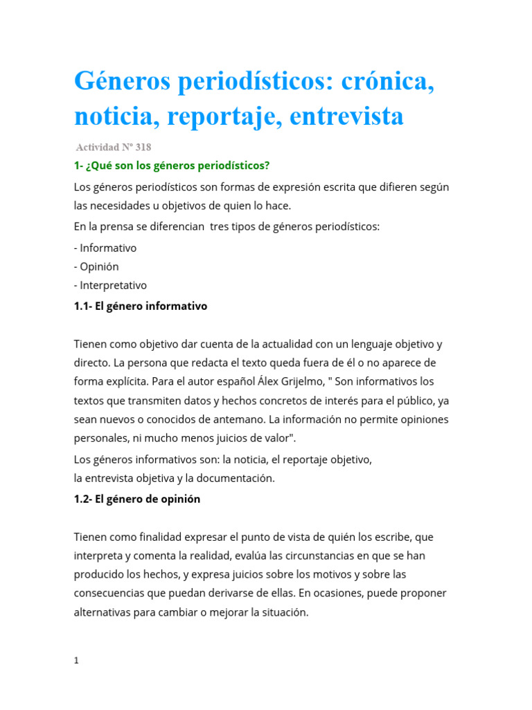 GÉNEROS PERIODISTICOS CRONICA, NOTICIA, REPORTAJE, ENTREVISTA | PDF