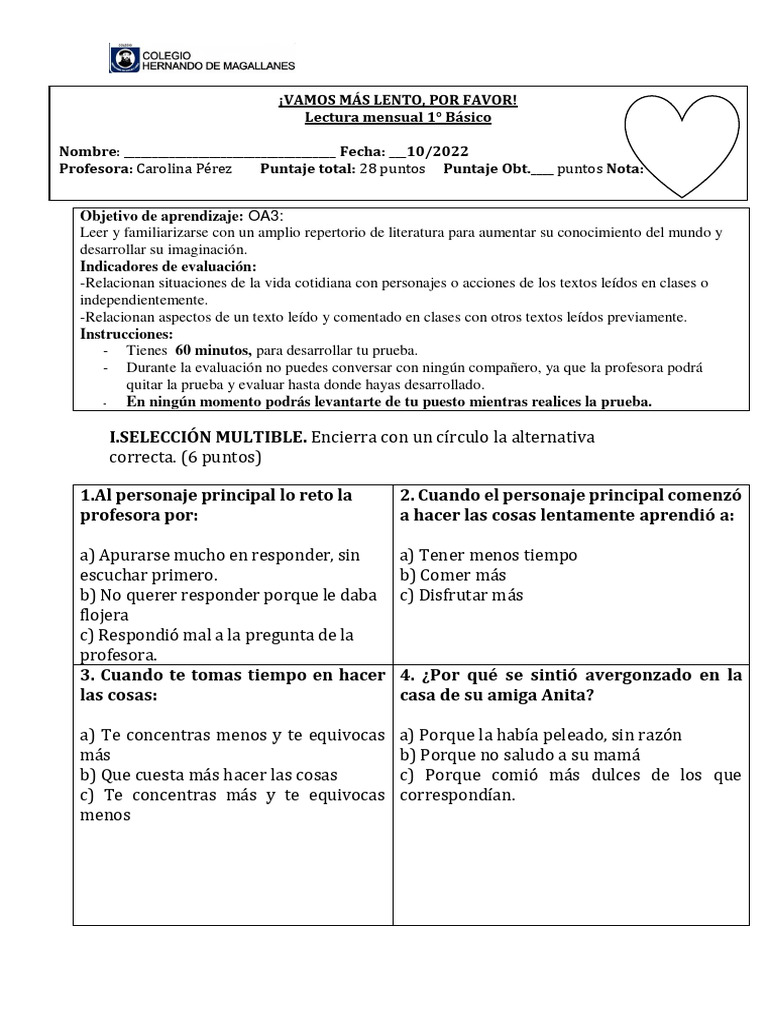 Prueba Vamos Más Lento, Por Favor Primero Básico | PDF