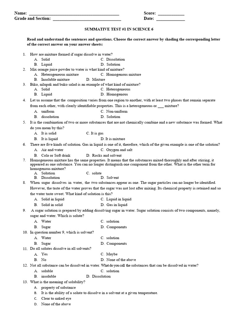 Grade 6 Science Summative Test Q1 | PDF | Mixture | Solubility