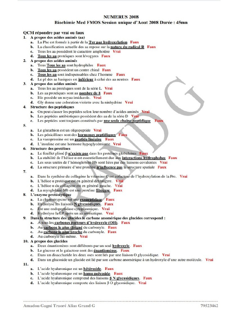 Corrections Des Anciens Sujets de Biochimie | PDF