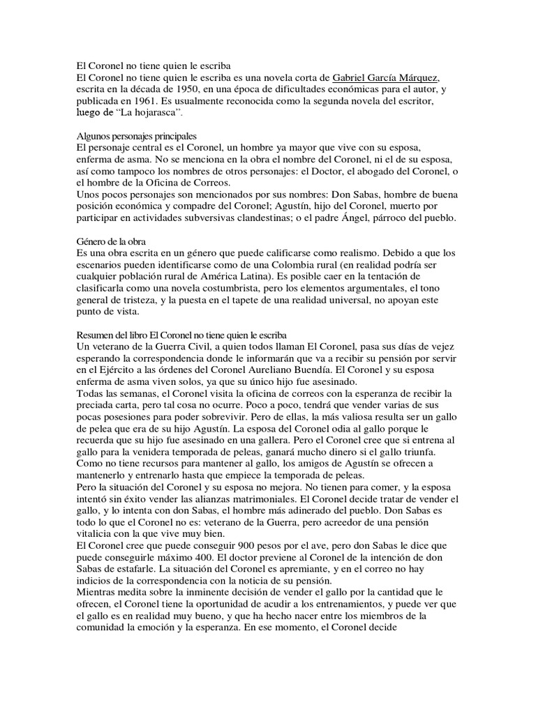 El Coronel No Tiene Quien Le Escriba Resumen | PDF | Gabriel García Márquez
