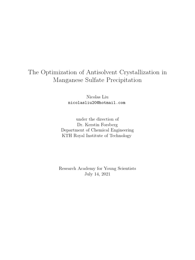 Antisolvent Crystallization MnSO4 | PDF